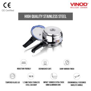 Vinod Pressure Cooker Stainless Steel – Glass Lid Handi Pot - 5.5 Liter – Indian Pressure Cooker – Stove Top Sandwich Bottom – Best Used For Indian Cooking, Soups, and Rice Recipes, Quinoa