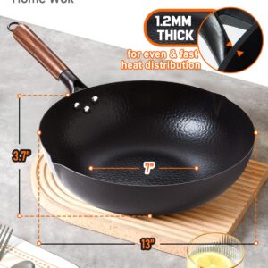 BrBrGo Carbon Steel Wok Pan, 5 Piece Authentic Chinese Wok & Stir-Fry Pans Set with Wooden Lid, No Chemical Coated Flat Bottom Chinese Woks Pan for All Stoves-13“