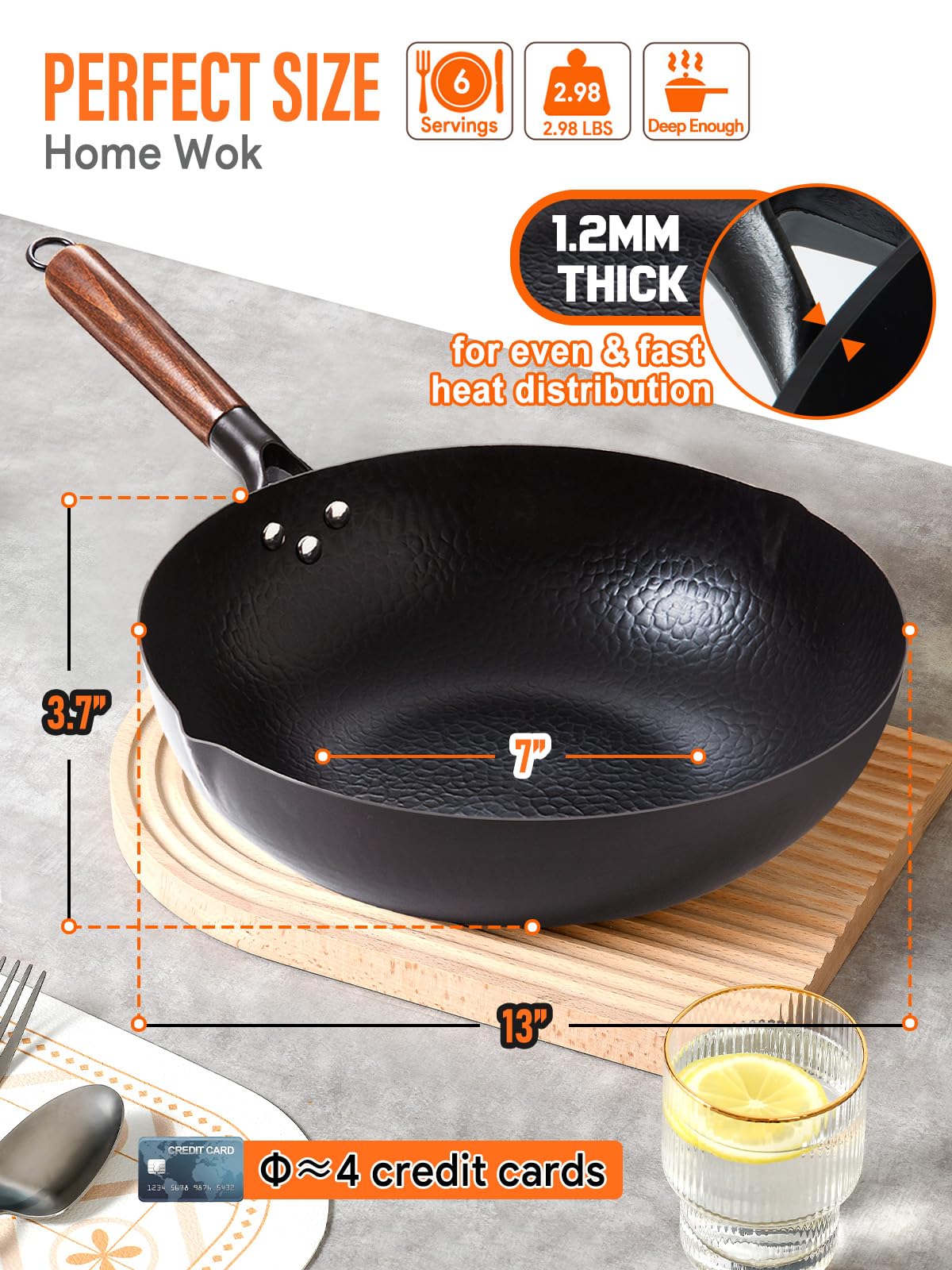 BrBrGo Carbon Steel Wok Pan, 5 Piece Authentic Chinese Wok & Stir-Fry Pans Set with Wooden Lid, No Chemical Coated Flat Bottom Chinese Woks Pan for All Stoves-13“