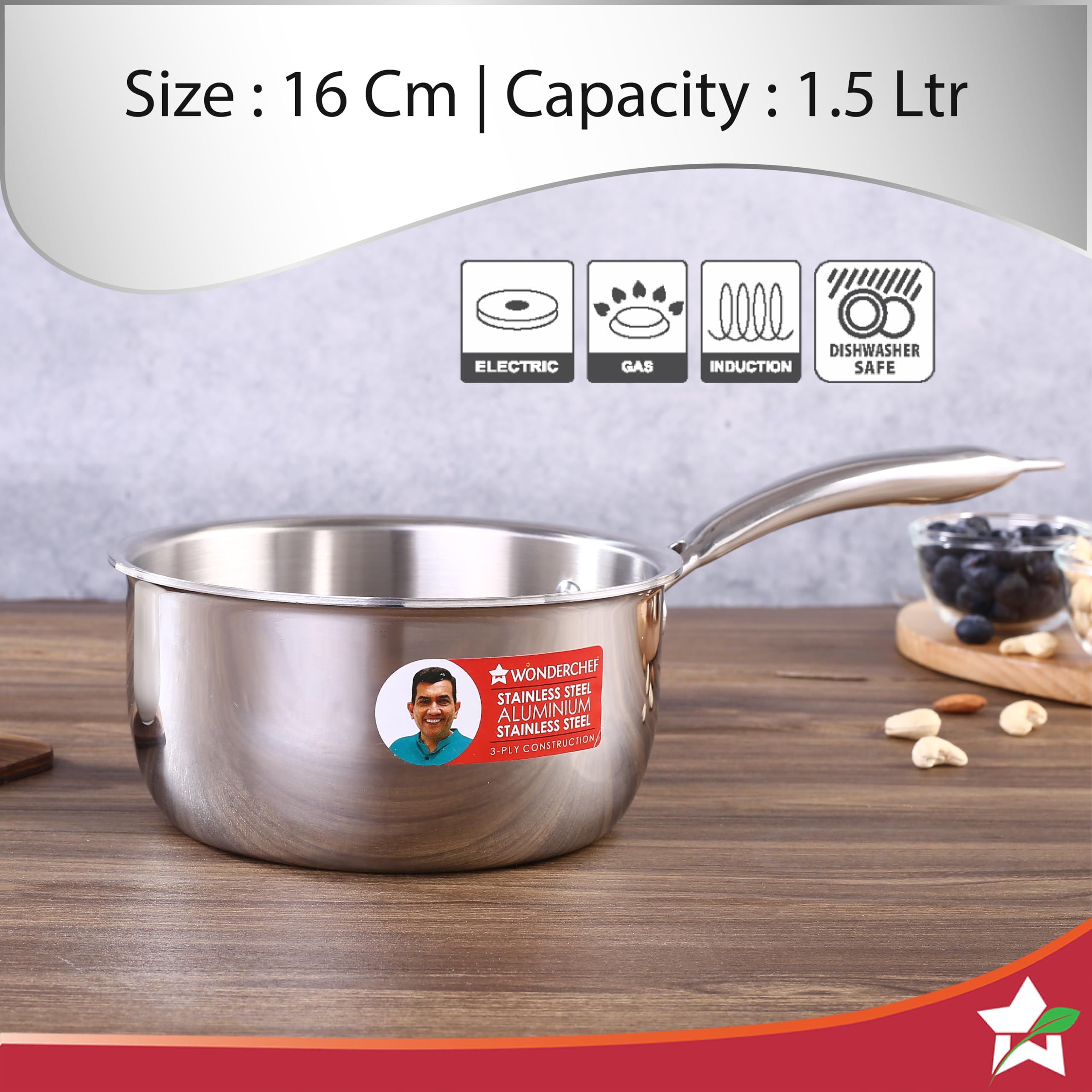 Wonderchef Nigella Tri-ply Stainless Steel 16 cm Sauce Pan | 1.5 Liters | 2.6mm Thickness | Silver |10 Years Warranty