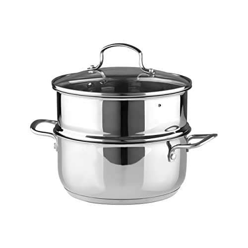 Bergner - Essentials - 2.6 Quart Stainless Steel Soup Pot with Vented Tempered Glass Lid and Steamer Insert - Induction Safe Cookware - Suitable for All Stove Types