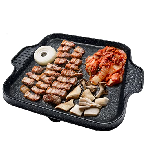 Eutuxia Stovetop Korean BBQ Grill Pan, 15.5", Non-stick Smokeless Scratch-Resistant, Cast Iron Style Aluminum, For Vegetable Egg Pork Beef Meat Garlic Cheese Kimchi Made in Korea, KBBQ, Plus Square.