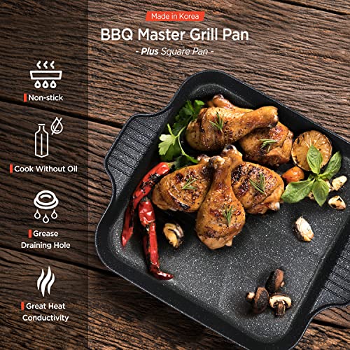 Eutuxia Stovetop Korean BBQ Grill Pan, 15.5", Non-stick Smokeless Scratch-Resistant, Cast Iron Style Aluminum, For Vegetable Egg Pork Beef Meat Garlic Cheese Kimchi Made in Korea, KBBQ, Plus Square.