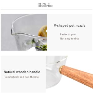 Glass Milk Pan with Wooden Handle,V Shaped Stovetop Pot,Nonstick Pasta Pot Borosilicate Glass Milk Pot,Saucepan Cooking Pot for Noodle Soup Milk Baby Food(400ml)