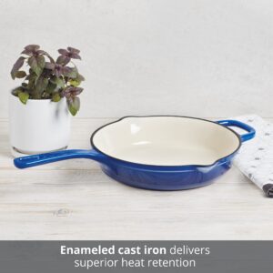 MasterPRO - Legacy Enameled Cast Iron Collection - 10” Fry Pan with Helper Handle - Gorgeous Oven to Table Presentation with Ombre Design on the Cookware - Blue