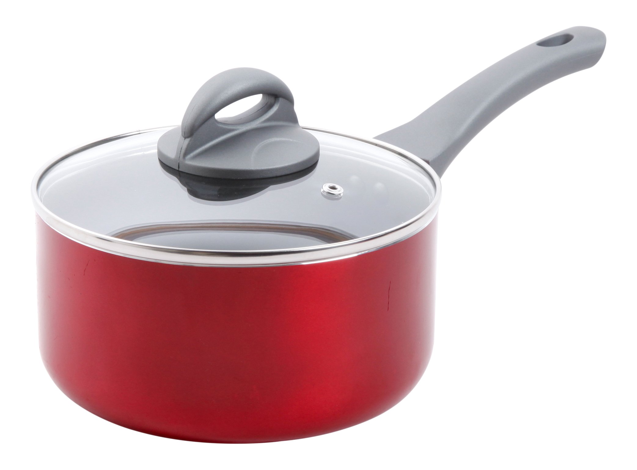 Oster 62980.02 Herscher 2.5 Quart Non-Stick Aluminum Sauce Pan with Lid, Translucent Red