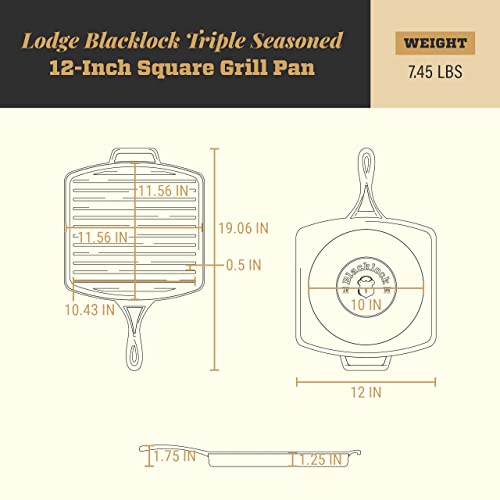 Lodge Blacklock 12 Inch Triple Seasoned Cast Iron Grill Pan - Lightweight Design - Natural, Non Stick Pans - Cast Iron Square Grill Pan - Lasts 100 Years