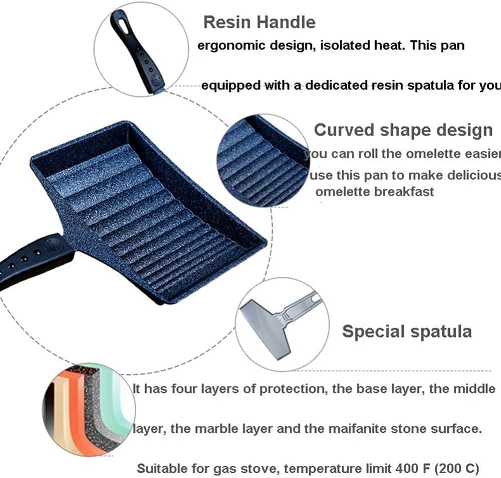 TINGJUNN Omelet pan smokeless frying pan, non-stick tamagoyaki frying pan, wave-bottom wheat rice omelet pan, rectangular frying pan with anti-scalding handle, easy to clean.