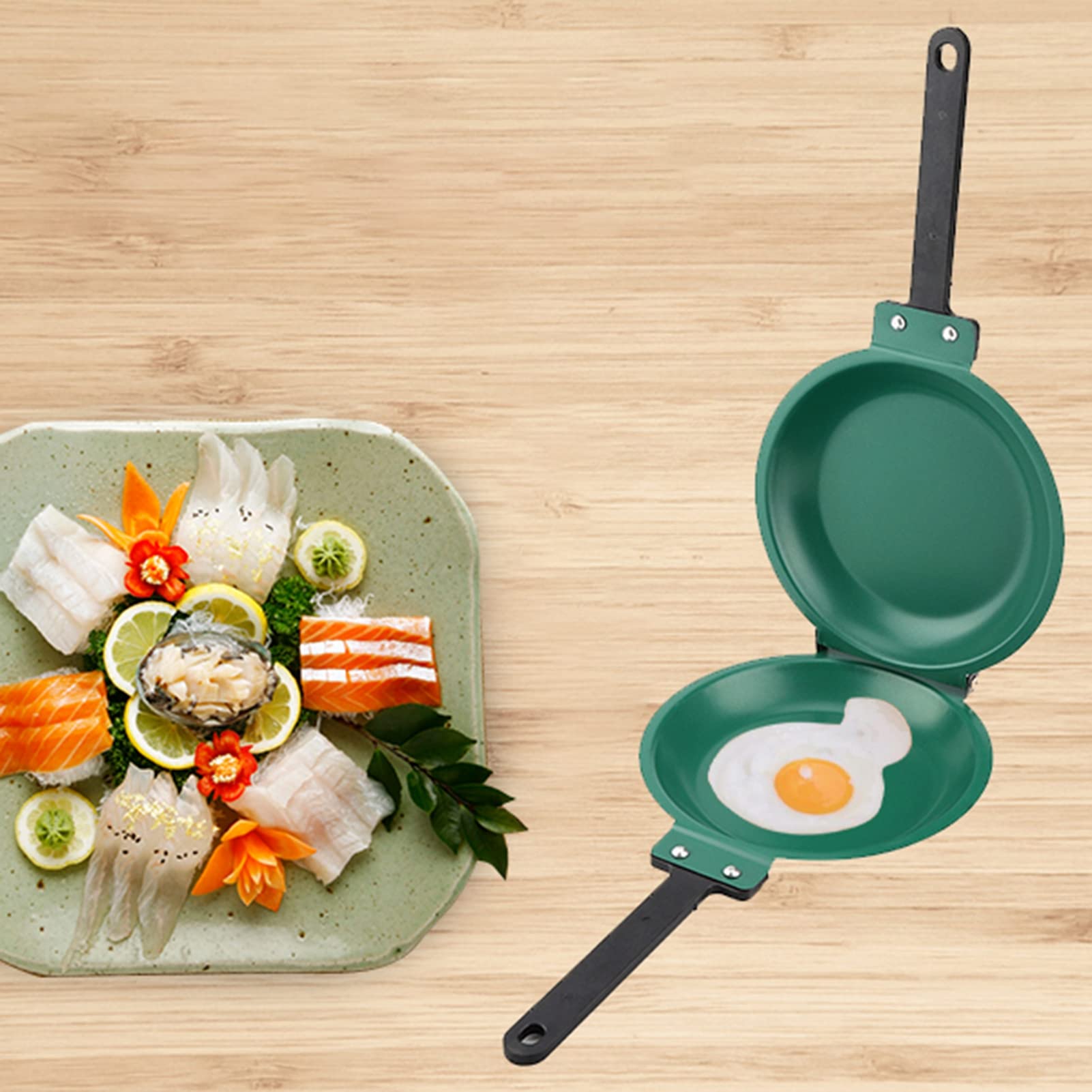 Double Sided Frying Pan, Green Non-stick Ceramic Coating Flip Frying Pan Pancake Maker Ceramic Coating Bread Egg Pot Household Kitchen Cookware