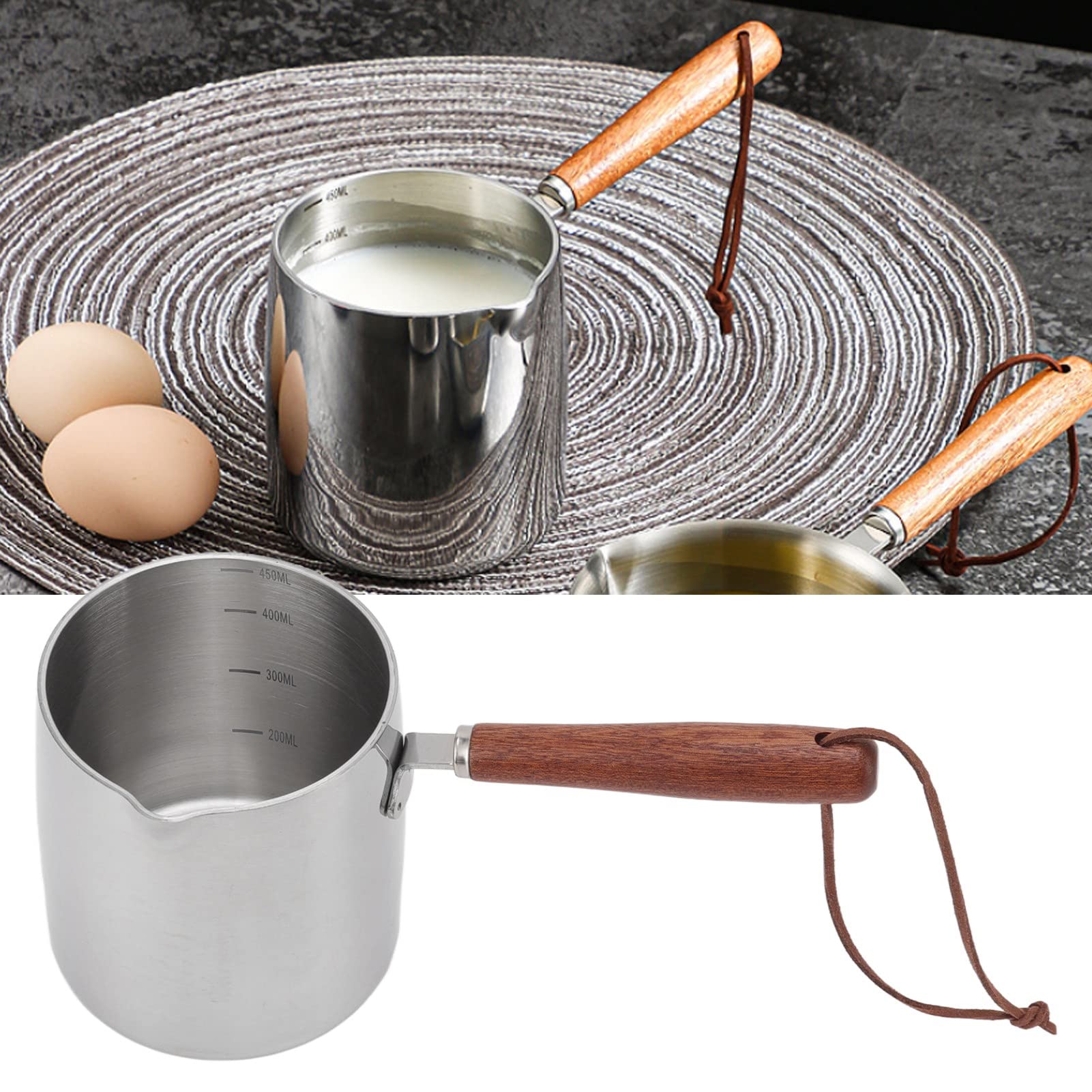 Fdit Mini Melting Pot, 450ml Wood Handle 304 Stainless Steel Measuring Spoon Hot Oil Pan Oil Pan with Wooden Handle Warmer Turkish Coffee Pot