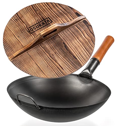 YOSUKATA Carbon Steel Wok Pan 14 Cast Iron Wok Cover - Premium Wok Cover 14 inch Pan Lid - Wooden Wok Lid 14 in with Ergonomic Handle - Woks and Stir Fry Pans