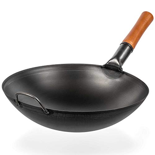 YOSUKATA Carbon Steel Wok Pan 14 Cast Iron Wok Cover - Premium Wok Cover 14 inch Pan Lid - Wooden Wok Lid 14 in with Ergonomic Handle - Woks and Stir Fry Pans