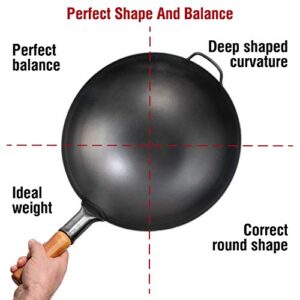 YOSUKATA Carbon Steel Wok Pan 14 Cast Iron Wok Cover - Premium Wok Cover 14 inch Pan Lid - Wooden Wok Lid 14 in with Ergonomic Handle - Woks and Stir Fry Pans