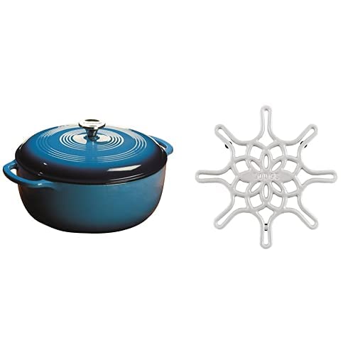 Lodge EC7D33 Enameled Cast Iron Dutch Oven, 7.5-Quart, Caribbean Blue & EC8ST13 Enameled Cast Iron, 8 Inch, Oyster Trivet