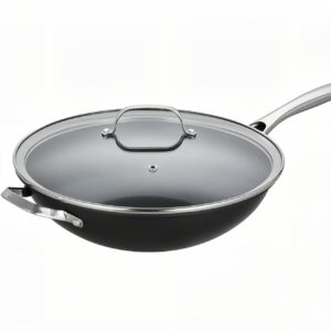 Qstar 12 inch Hard-Anodized Nonstick Wok Stir-Fry Pan with Lid and Stainless Steel Handle, Flat Base Pan, Dishwasher Safe