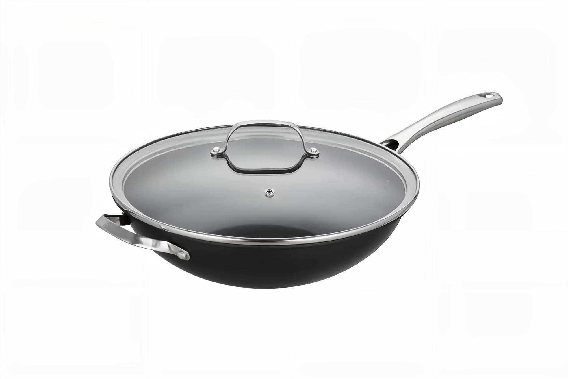 Qstar 12 inch Hard-Anodized Nonstick Wok Stir-Fry Pan with Lid and Stainless Steel Handle, Flat Base Pan, Dishwasher Safe