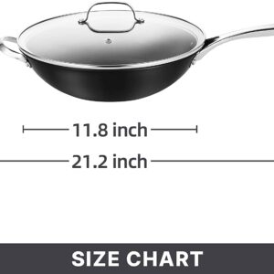 Qstar 12 inch Hard-Anodized Nonstick Wok Stir-Fry Pan with Lid and Stainless Steel Handle, Flat Base Pan, Dishwasher Safe