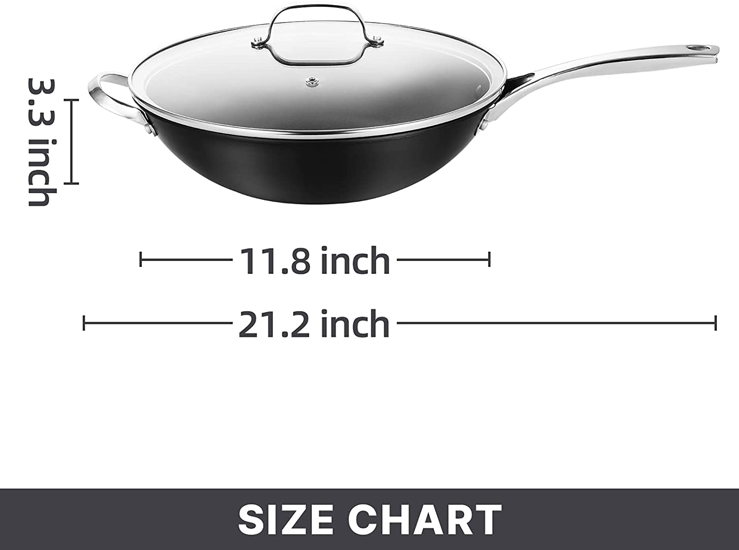 Qstar 12 inch Hard-Anodized Nonstick Wok Stir-Fry Pan with Lid and Stainless Steel Handle, Flat Base Pan, Dishwasher Safe