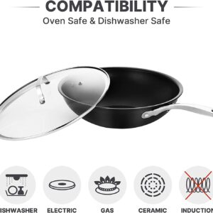 Qstar 12 inch Hard-Anodized Nonstick Wok Stir-Fry Pan with Lid and Stainless Steel Handle, Flat Base Pan, Dishwasher Safe