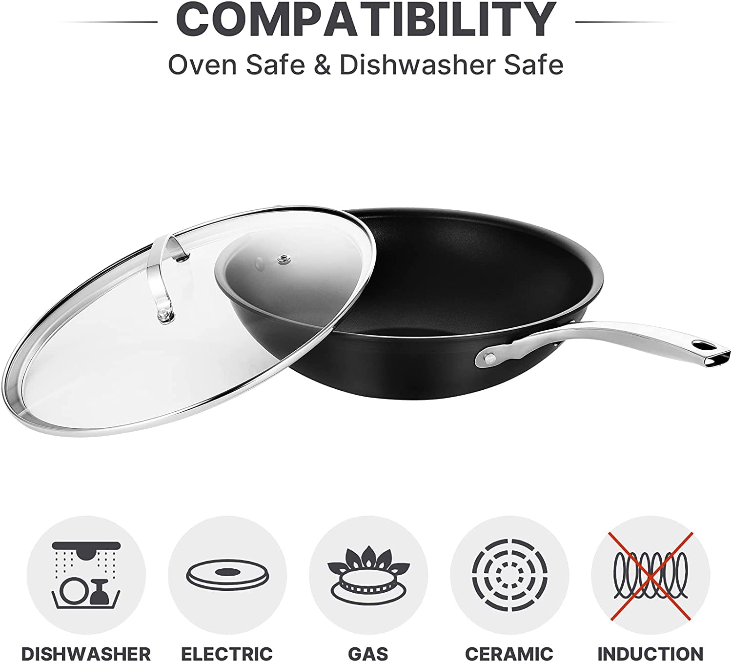 Qstar 12 inch Hard-Anodized Nonstick Wok Stir-Fry Pan with Lid and Stainless Steel Handle, Flat Base Pan, Dishwasher Safe