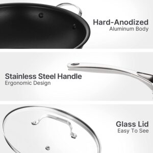 Qstar 12 inch Hard-Anodized Nonstick Wok Stir-Fry Pan with Lid and Stainless Steel Handle, Flat Base Pan, Dishwasher Safe