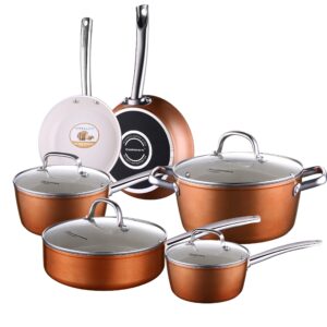 cook code 10-piece pots and pans, white ceramic nonstick copper finish cookware set with lids— oven suitable dishwasher suitable pfoa/ptfe free