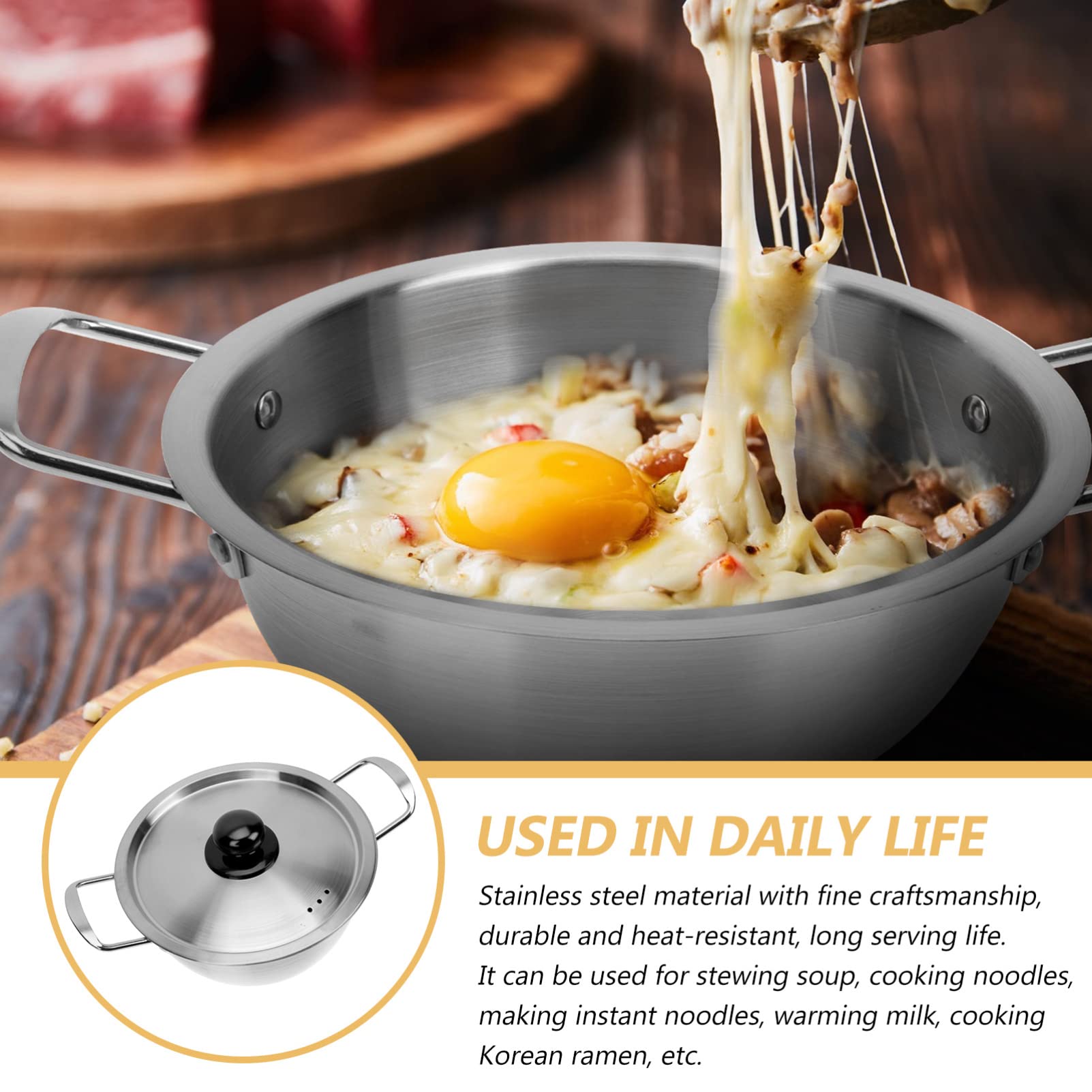 Korean Ramen Noodle Pot, 16 cm Stainless Steel Stockpot Soup Cooking Pot with Lid, Nonstick Saucepan Small Pasta Pot, Camping Cookware for Stovetop