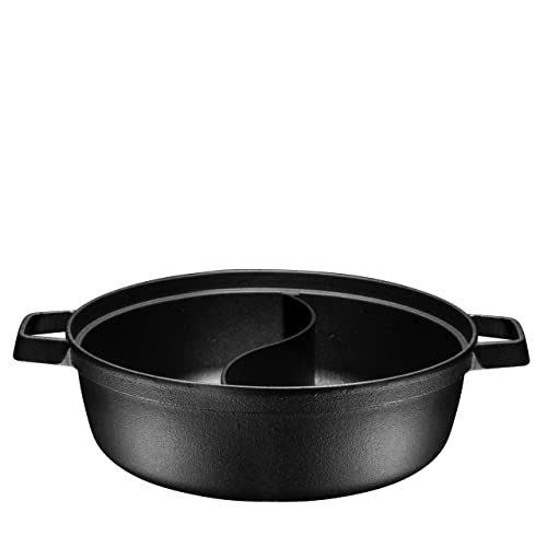 Bruntmor Pre-Seasoned 2-In-1 Cast Iron Big Pot With Lightweight Wooden Lid. Non-Stick Round Skillet Wok. Round Bottom Wok Pan With Lid For Shabu Shabu Hot Pot. 5 Quart, Black