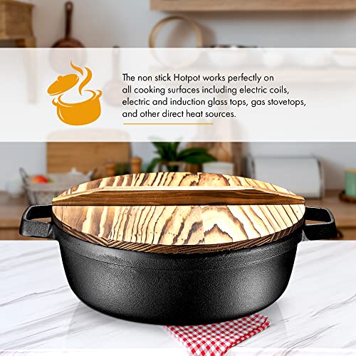 Bruntmor Pre-Seasoned 2-In-1 Cast Iron Big Pot With Lightweight Wooden Lid. Non-Stick Round Skillet Wok. Round Bottom Wok Pan With Lid For Shabu Shabu Hot Pot. 5 Quart, Black