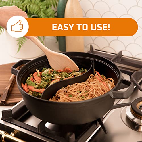 Bruntmor Pre-Seasoned 2-In-1 Cast Iron Big Pot With Lightweight Wooden Lid. Non-Stick Round Skillet Wok. Round Bottom Wok Pan With Lid For Shabu Shabu Hot Pot. 5 Quart, Black