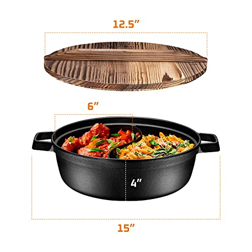 Bruntmor Pre-Seasoned 2-In-1 Cast Iron Big Pot With Lightweight Wooden Lid. Non-Stick Round Skillet Wok. Round Bottom Wok Pan With Lid For Shabu Shabu Hot Pot. 5 Quart, Black