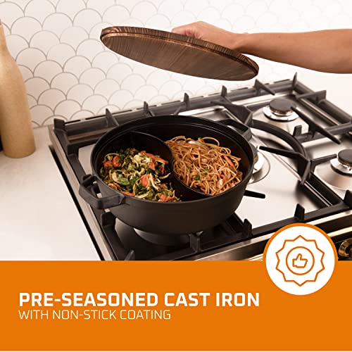 Bruntmor Pre-Seasoned 2-In-1 Cast Iron Big Pot With Lightweight Wooden Lid. Non-Stick Round Skillet Wok. Round Bottom Wok Pan With Lid For Shabu Shabu Hot Pot. 5 Quart, Black