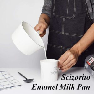 Scizorito 1.2L Enamel Milk Pan, Nonstick Milk Pot with Pour Spouts, Even Heat Conduction, Easy to Cook and Clean, Enamel Pot for Home Kitchen or Restaurant White