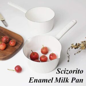 Scizorito 1.2L Enamel Milk Pan, Nonstick Milk Pot with Pour Spouts, Even Heat Conduction, Easy to Cook and Clean, Enamel Pot for Home Kitchen or Restaurant White