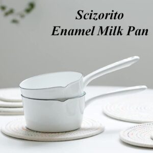 Scizorito 1.2L Enamel Milk Pan, Nonstick Milk Pot with Pour Spouts, Even Heat Conduction, Easy to Cook and Clean, Enamel Pot for Home Kitchen or Restaurant White