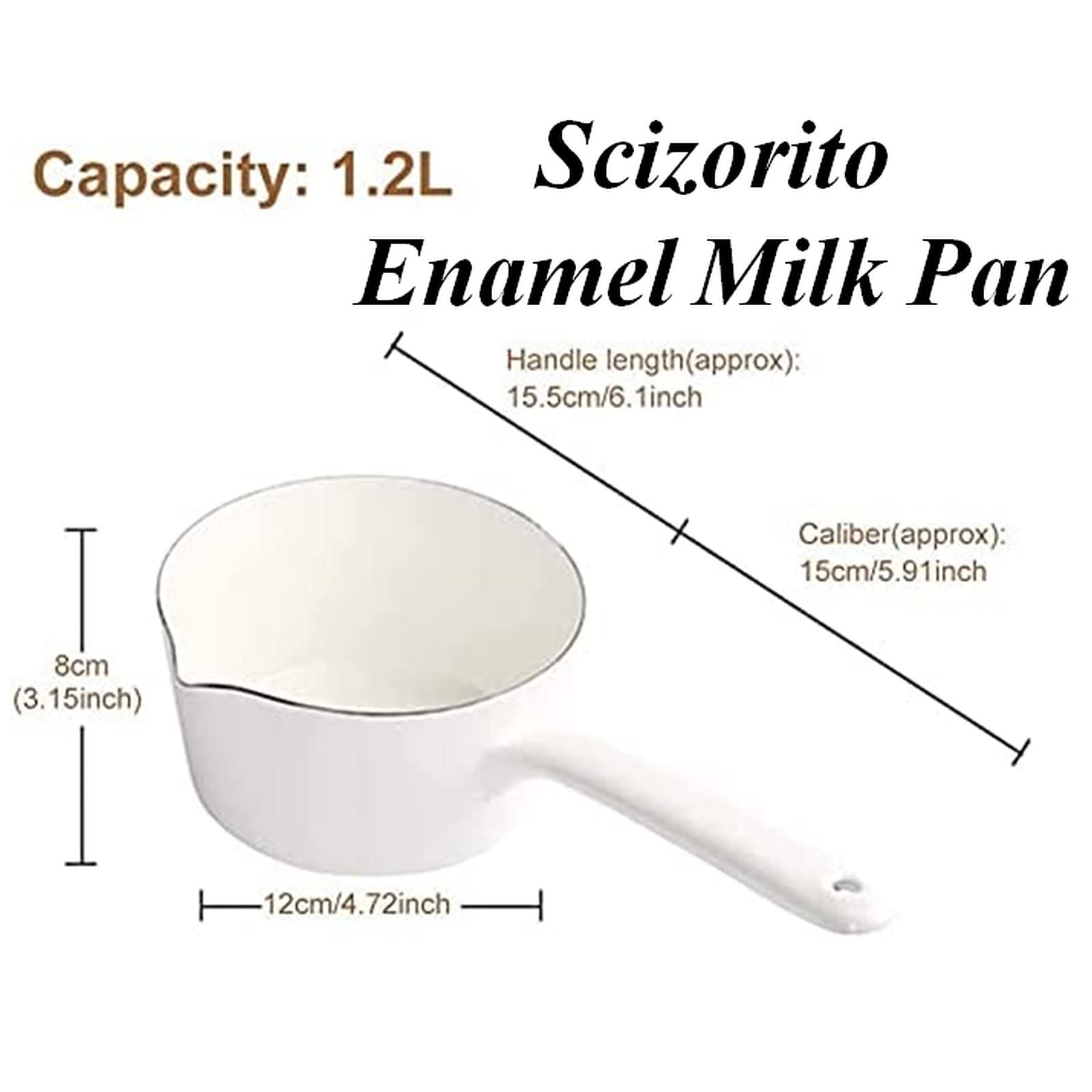 Scizorito 1.2L Enamel Milk Pan, Nonstick Milk Pot with Pour Spouts, Even Heat Conduction, Easy to Cook and Clean, Enamel Pot for Home Kitchen or Restaurant White