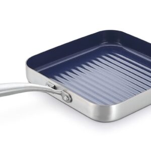 Eternal Living Nonstick Frying Pans Grill Pan Stainless Steel and Ceramic Infused Square Griddle, Blue 9.5”