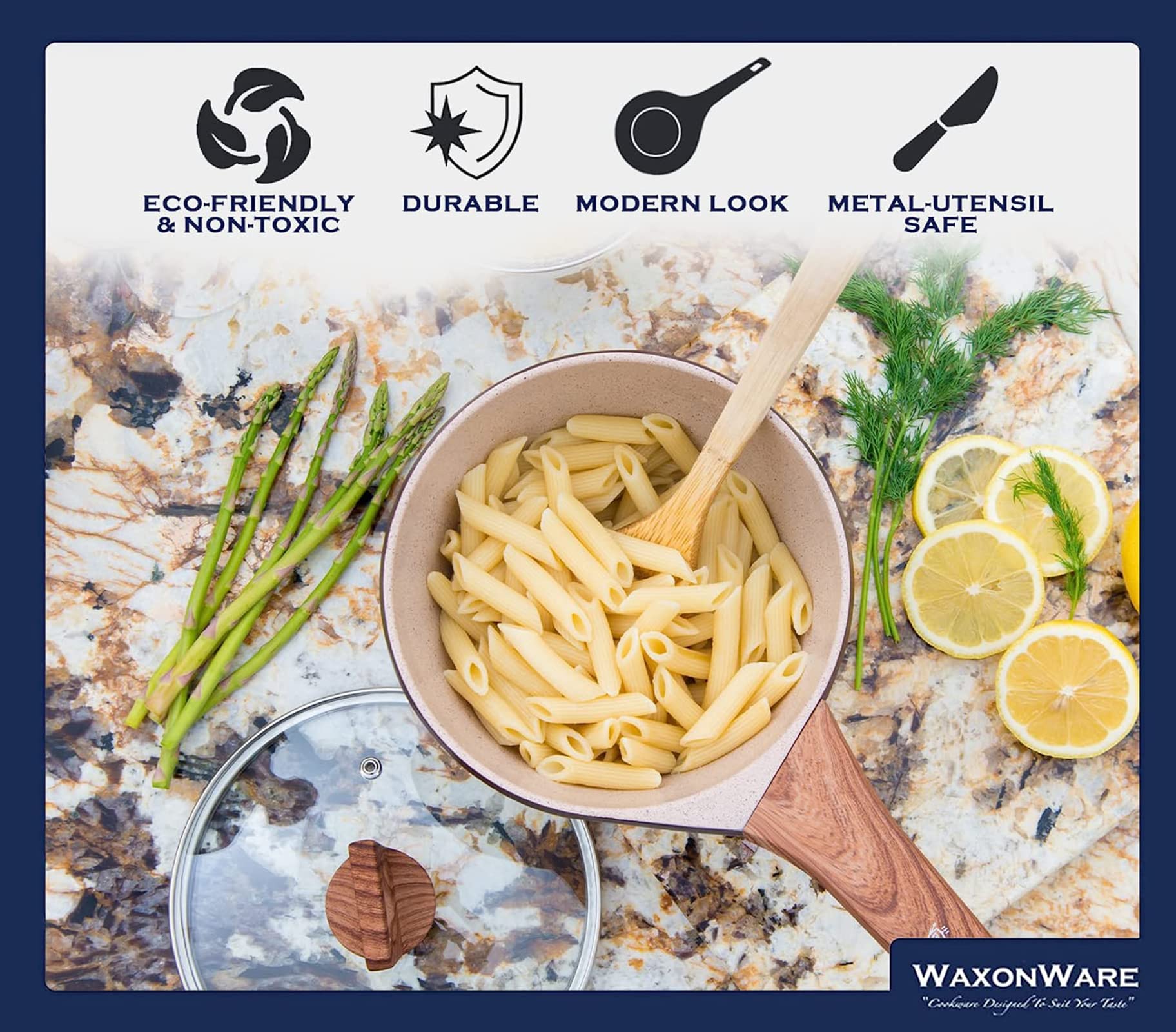 WaxonWare Non Stick Saucepan & Wok Pot, Induction Compatible & Marbellous Coating (A 100% PFOA Free Coating Made In Germany) - For Sauces, Soups, Pasta & Rice (2.2 Quart Saucepan)