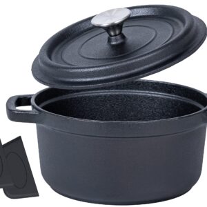 Bruntmor 2.3 Quart Pre-seasoned Cast Iron Dutch Oven With Handles, Lid And Silicone Accessories, 2.3 Qt Black Cast Iron Skillet, Pre-seasoned Shallow Cookware Braising Pan For Casserole Dish