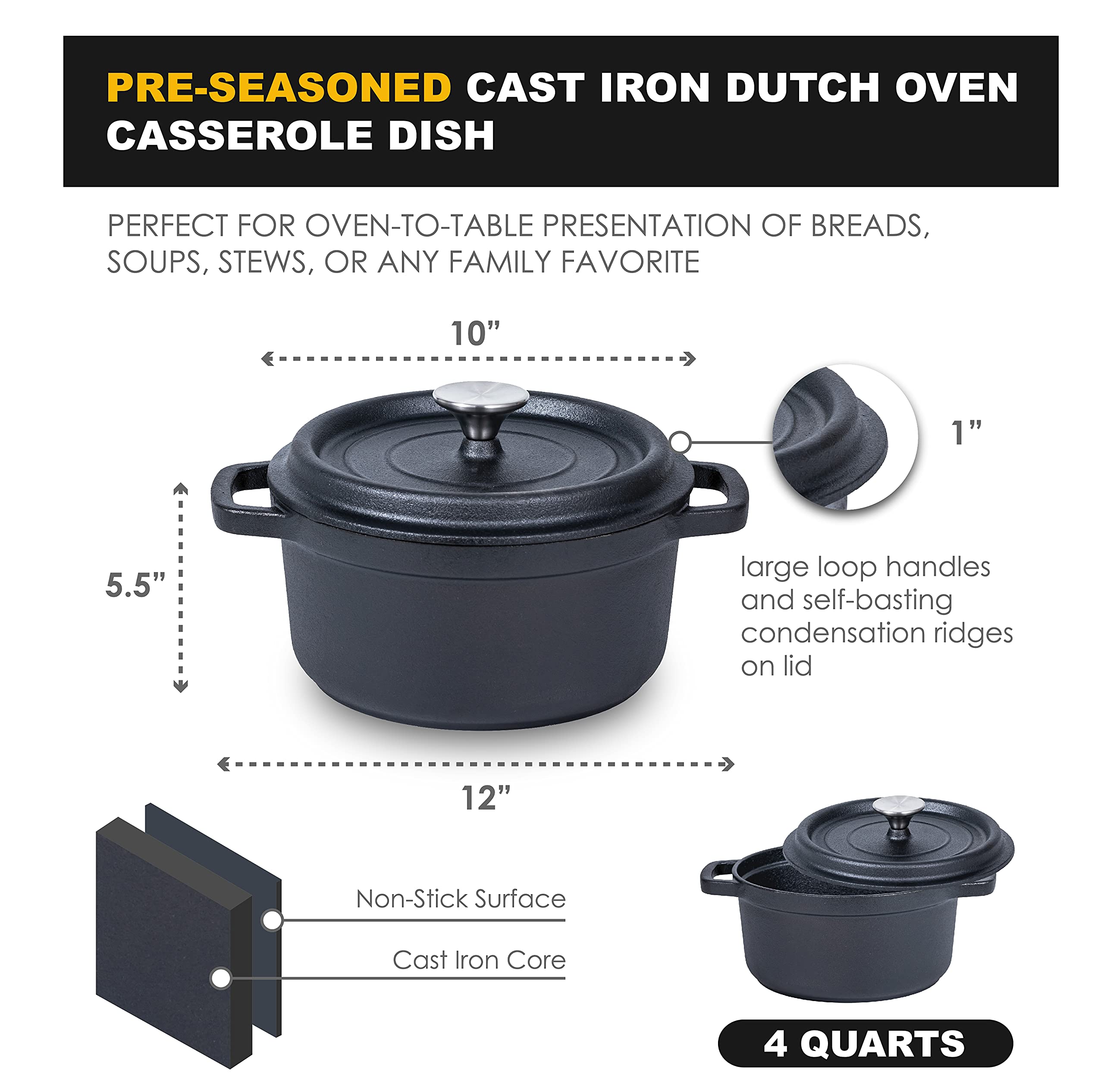 Bruntmor 2.3 Quart Pre-seasoned Cast Iron Dutch Oven With Handles, Lid And Silicone Accessories, 2.3 Qt Black Cast Iron Skillet, Pre-seasoned Shallow Cookware Braising Pan For Casserole Dish