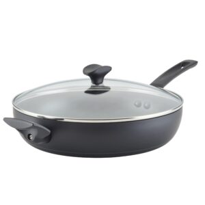 farberware power base hard anodized nonstick fry/saute/all purpose pan with helper handle and lid, 12.25 inch, matte black