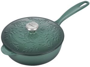 le creuset olive branch collection enameled cast iron saucier, 2.25 qt., artichaut with embossed lid