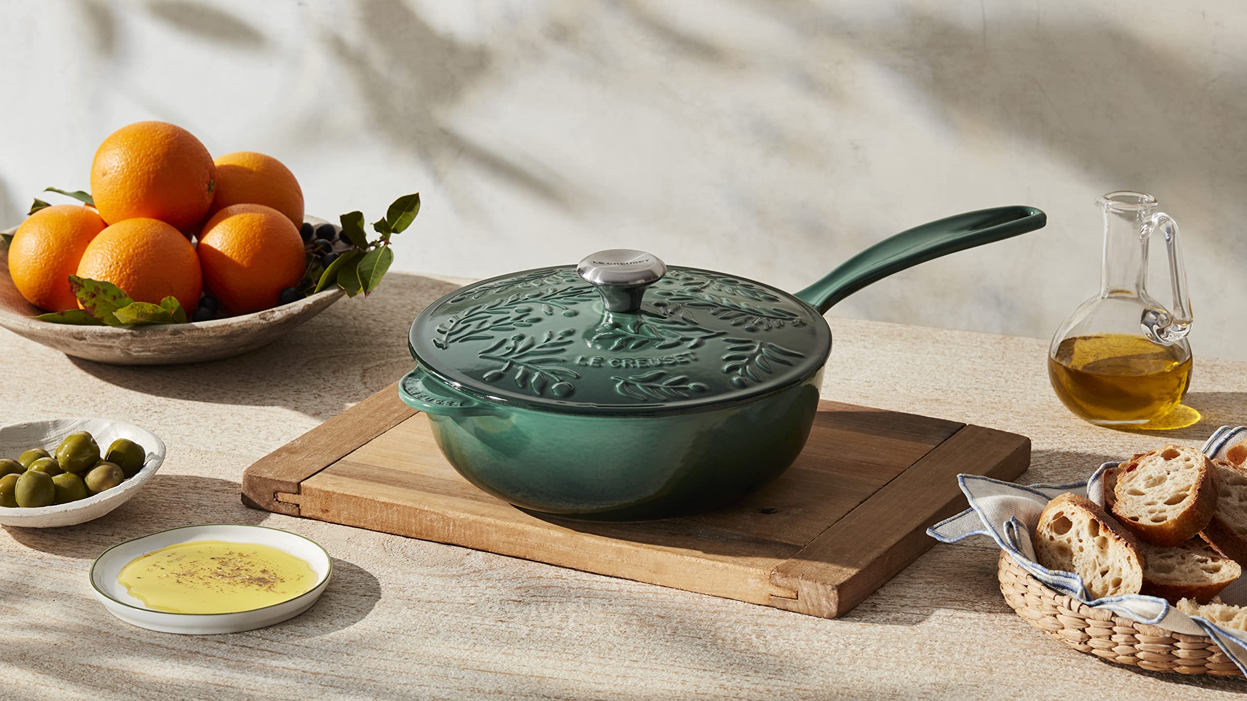 Le Creuset Olive Branch Collection Enameled Cast Iron Saucier, 2.25 qt., Artichaut with Embossed Lid