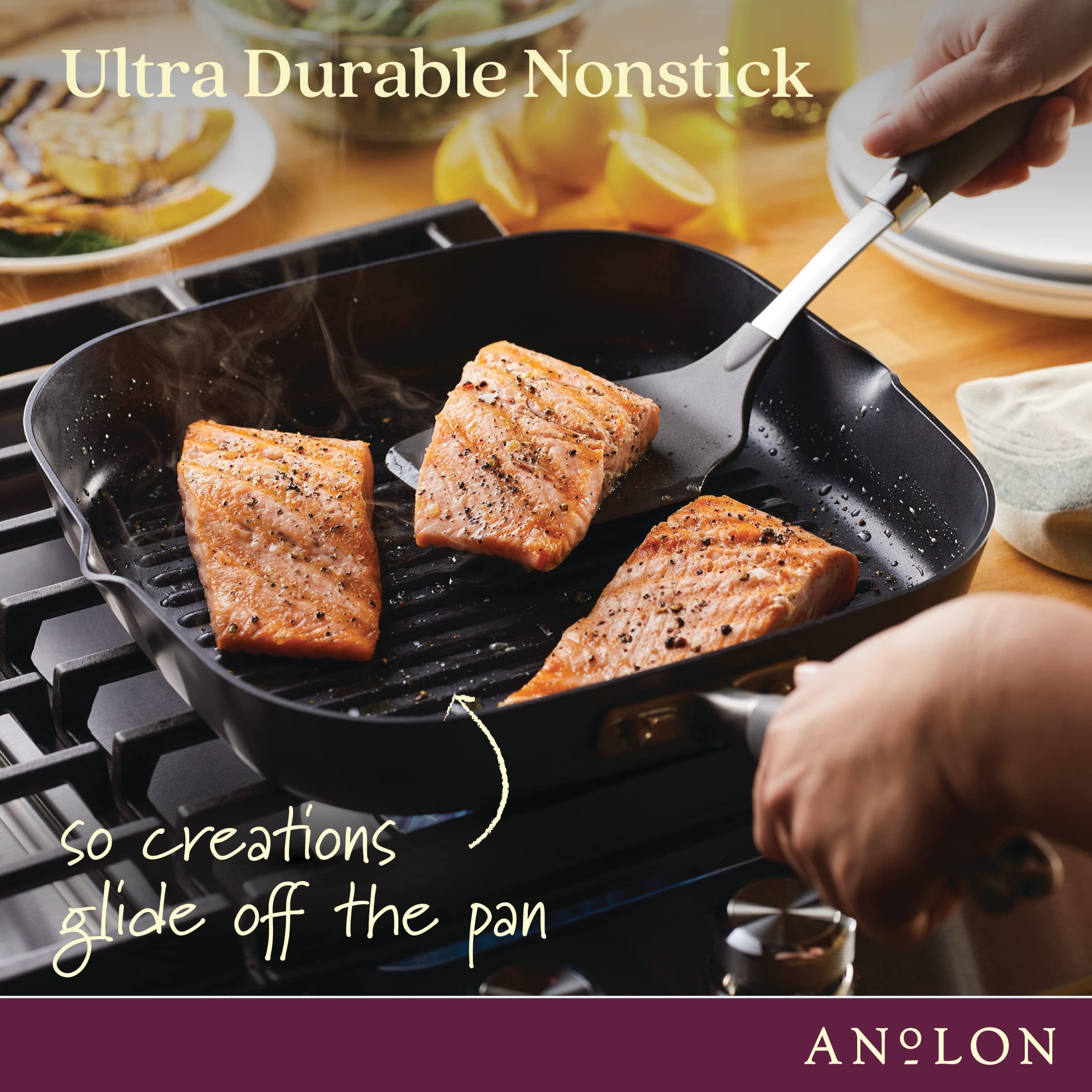 Anolon Advanced Home Hard Anodized Nonstick Deep Square Grill/Griddle Pan with Pour Spouts, 11 Inch - Moonstone