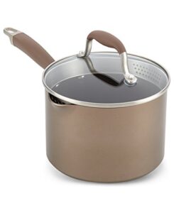 anolon advanced bronze hard-anodized nonstick 3-quart covered straining saucepan with pour spouts