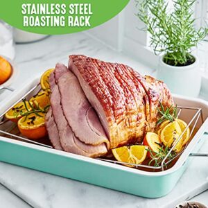 GreenLife Soft Grip Healthy Ceramic Nonstick, 16.5" x 12" Roasting Pan with Stainless Steel Roaster Rack, PFAS-Free, Dishwasher Safe, Turquoise