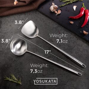 YOSUKATA Silver Round Bottom Wok Pan – 14" Woks and Stir Fry Pans 17’’ Wok Spatula and Ladle - Set of 2 Heat-Resistant Wok Tools - Universal Wok Ladle Flat Bottom Pow Wok