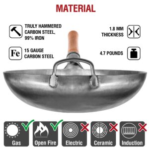 YOSUKATA Silver Round Bottom Wok Pan – 14" Woks and Stir Fry Pans 17’’ Wok Spatula and Ladle - Set of 2 Heat-Resistant Wok Tools - Universal Wok Ladle Flat Bottom Pow Wok