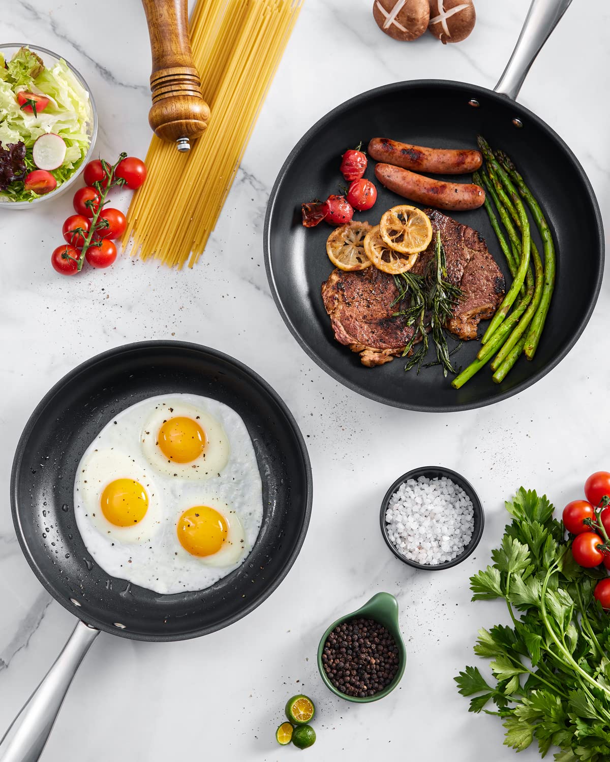 OAKSWARE 3-Piece Set, 9.5-inch and 11-inch Nonstick Stainless Steel Fry Pans with Ergonomic Handle, Oven and Dishwasher Safe