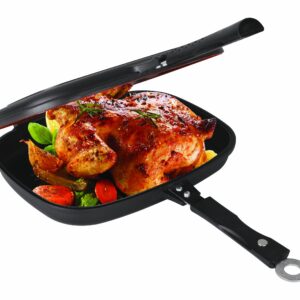 Uniware® Super Quality Non-Stick Coating Double Grill Pan, Rectangular, Magnetic Bakelite Handle, 12.6 x 9.6 x 2.6 Inch